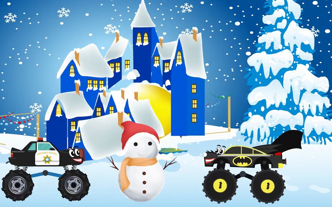 工程车卡通动画:工程车救援队,警车和越野车,在欢乐冰雪世界堆雪人