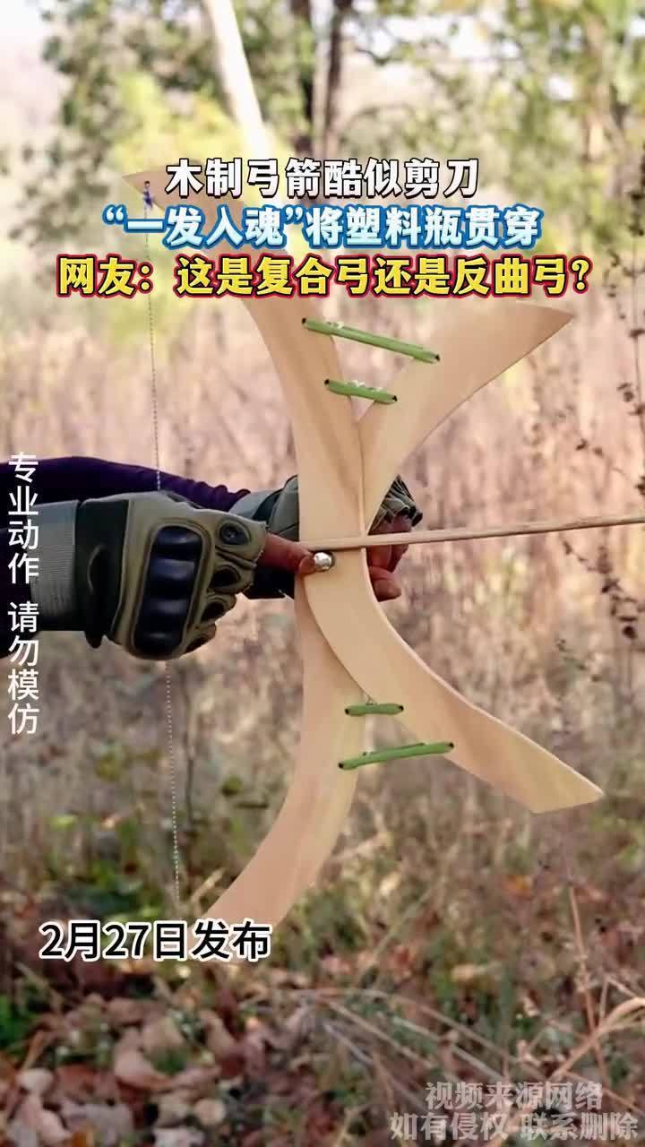 木制弓箭"一发入魂"贯穿塑料瓶,网友猜复合弓还是反曲弓