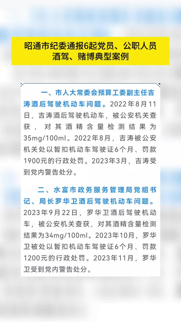 以案示警、以案为戒!#昭通 市纪委通报6起党员、公职人员涉嫌酒驾、...