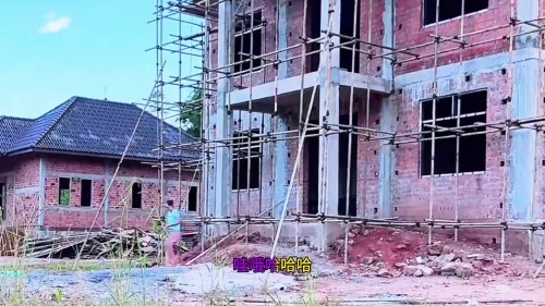 邻居女主人没有见过搭设钢管脚手架时不时过来大哥房子跟前瞧两眼