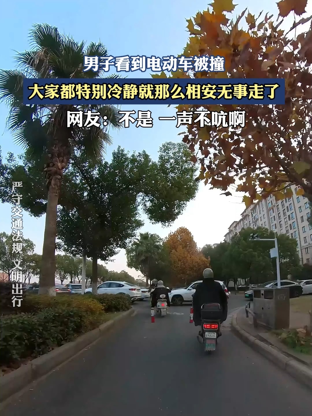 男子看到电动车被撞,大家都特别冷静就那么相安无事走了
