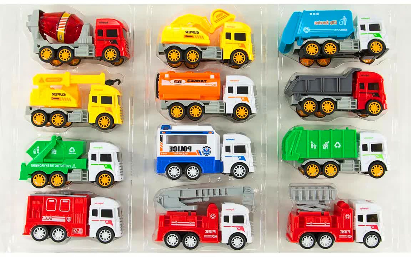 儿童玩具车表演:消防车、挖掘机、环卫车、警车、翻斗车、搅拌车!