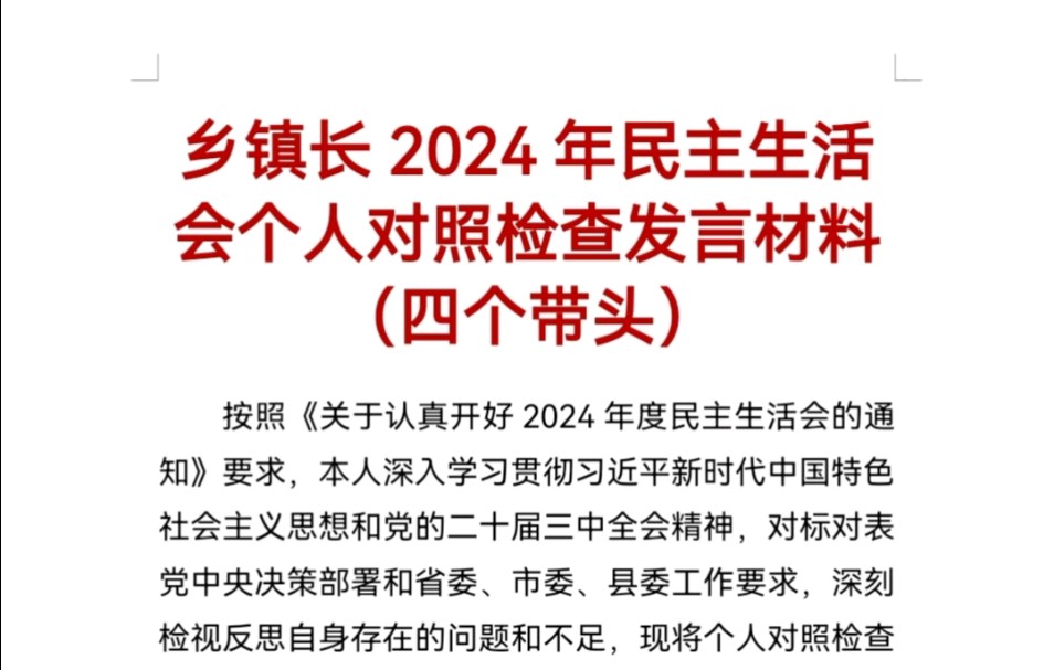 乡镇长2024年民主生活会个人对照检查发言材料(四个带头)