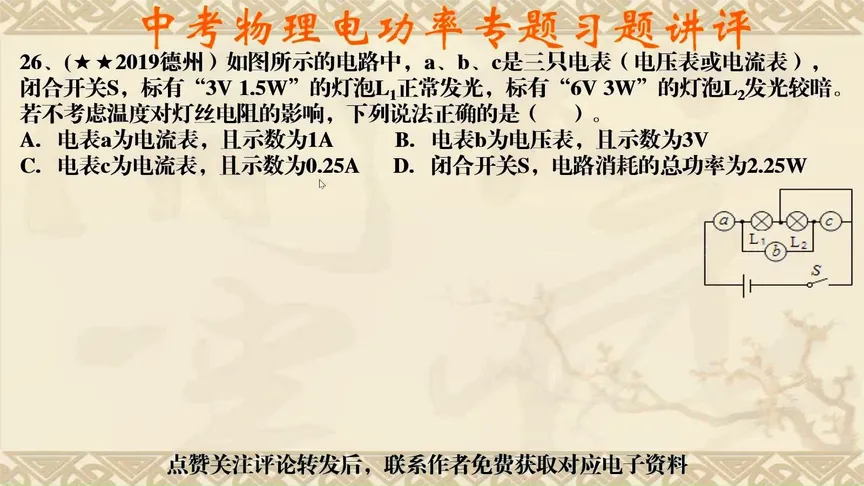 中考物理电功率习题讲评26:判断电路中电表类型