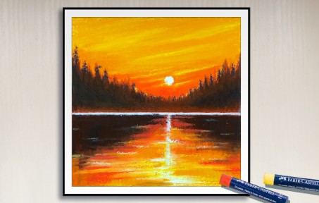 油画棒风景-用油画棒画湖畔黄昏风景,油画棒风景手绘过程分享