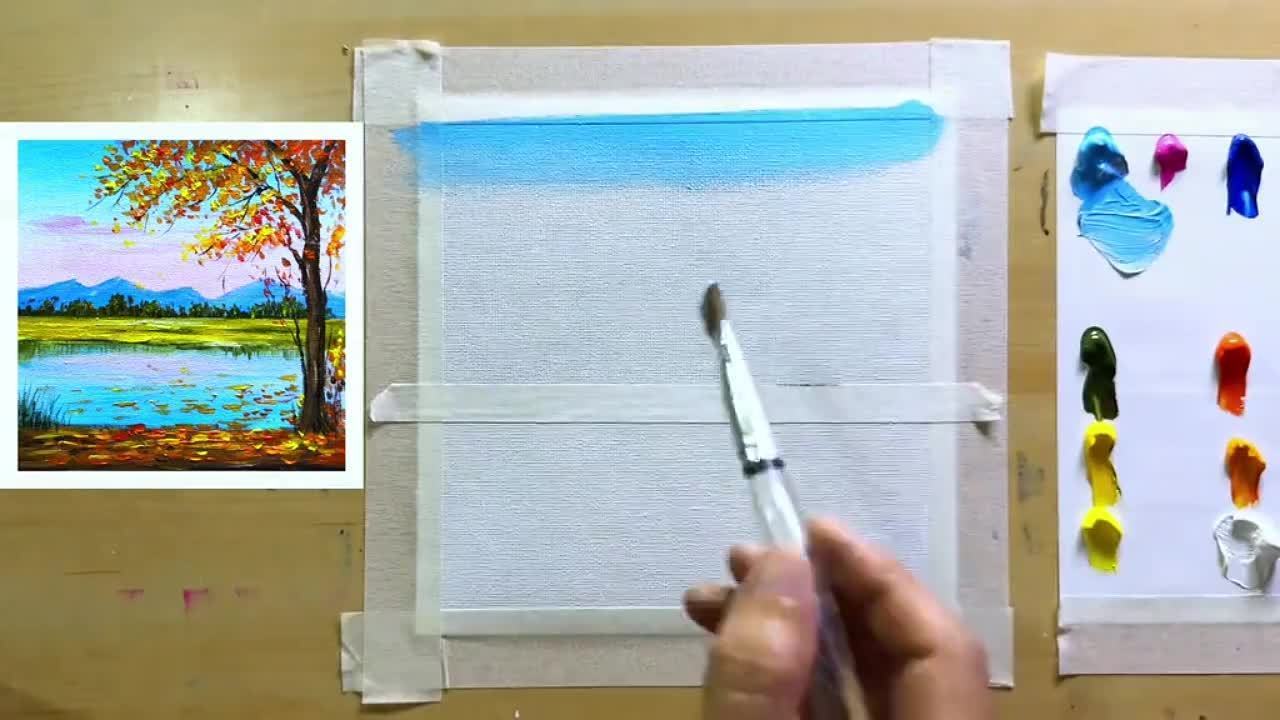 丙烯画秋天风景教程 合适零基础学习的丙烯画秋天风景教程,简单好看...