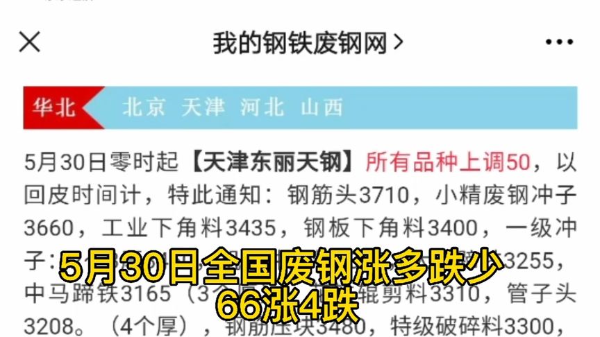5月30日全国废钢调价汇总——66涨4跌