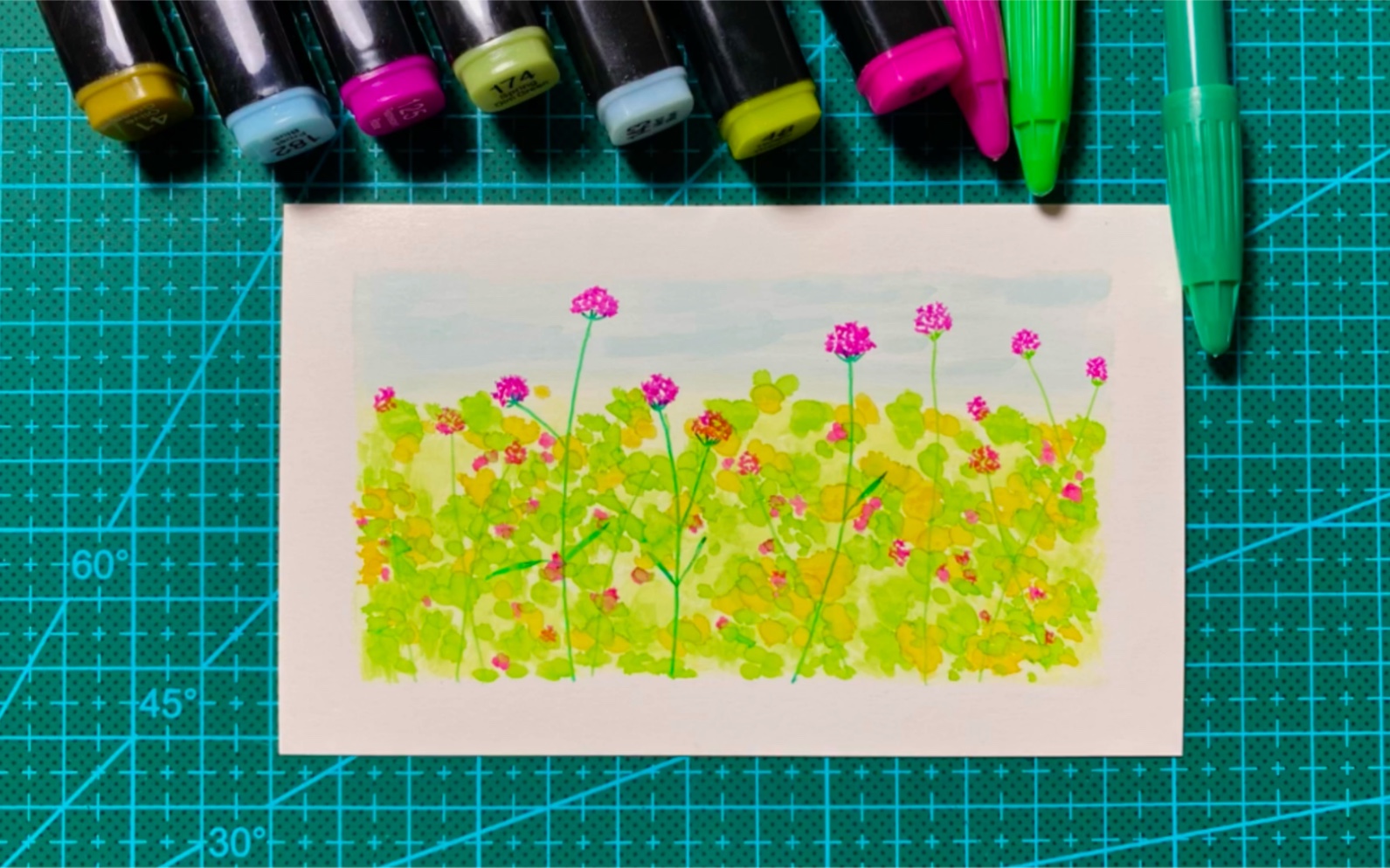 马克笔画一幅花海风景画