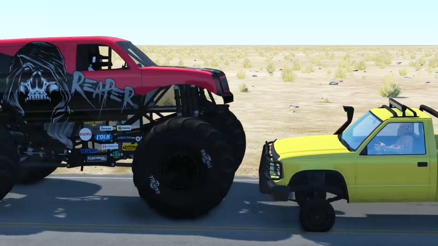 BeamNG:汽车碰撞测试,皮卡车开足马力冲向大脚车,模拟真实车祸