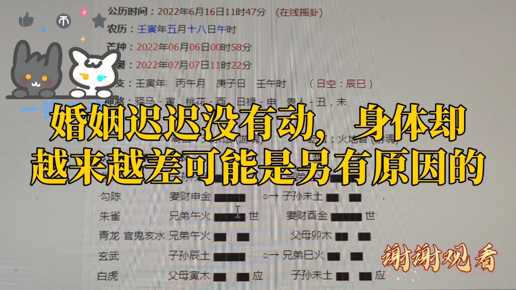 六爻实战断卦,卦例分享,婚姻迟迟没有动,身体却越来越差,可能是另有...