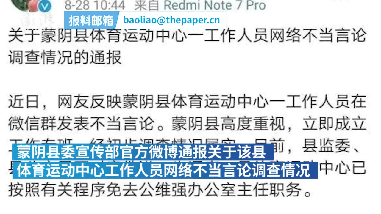 微信群发表不当言论,山东蒙阴体育运动中心一主任被免职
