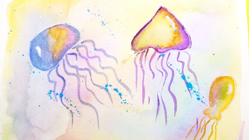 儿童水彩画:画海洋里的小动物水母