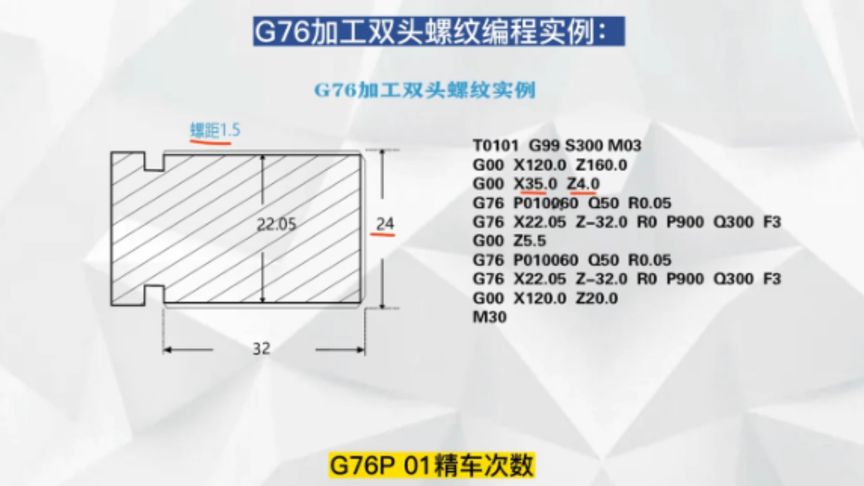 G76加工双头螺纹实例 #数控车编程教学 #数控车床加工视频