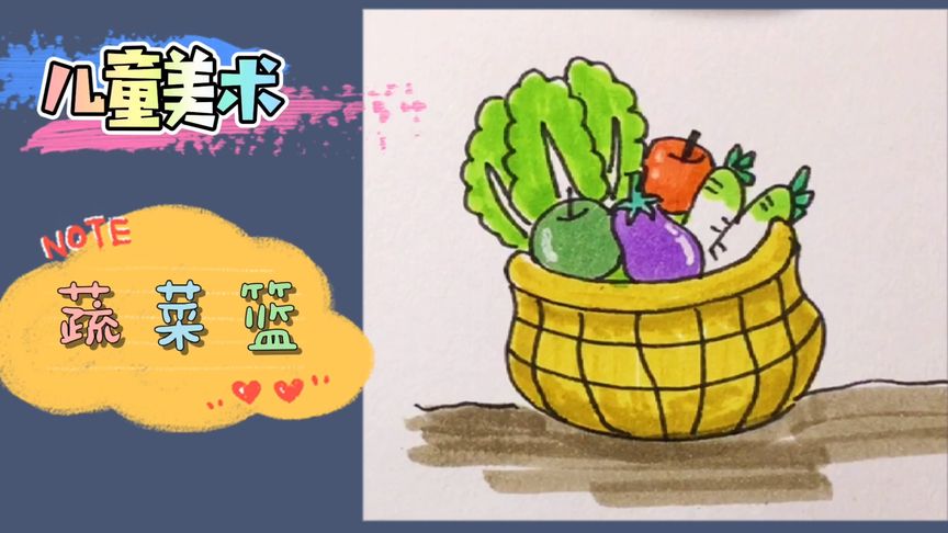 儿童趣味简笔画,给菜篮子里面堆满蔬菜水果