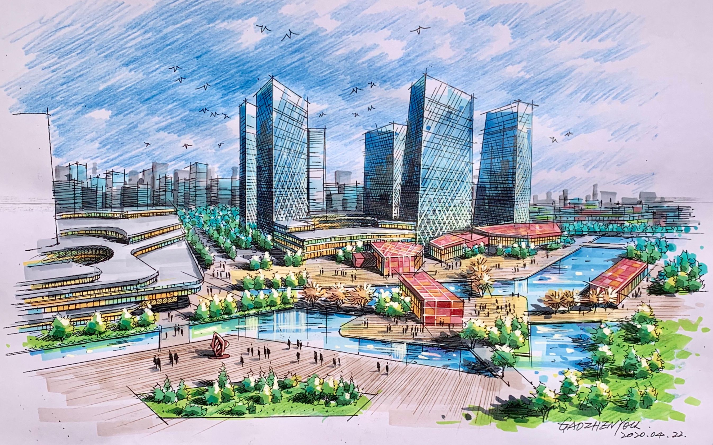 【设计手绘教程】城市规划图色彩表现(马克笔)