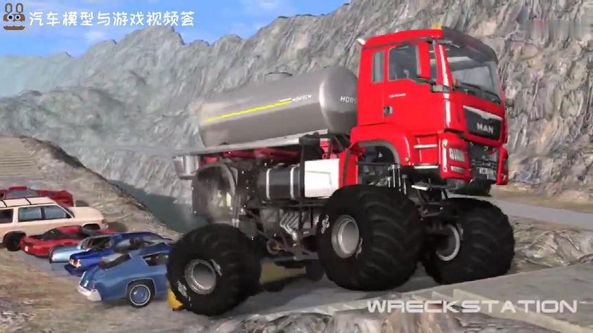 Beamng模拟大脚车摧毁小车,把小轿车压得支离破碎