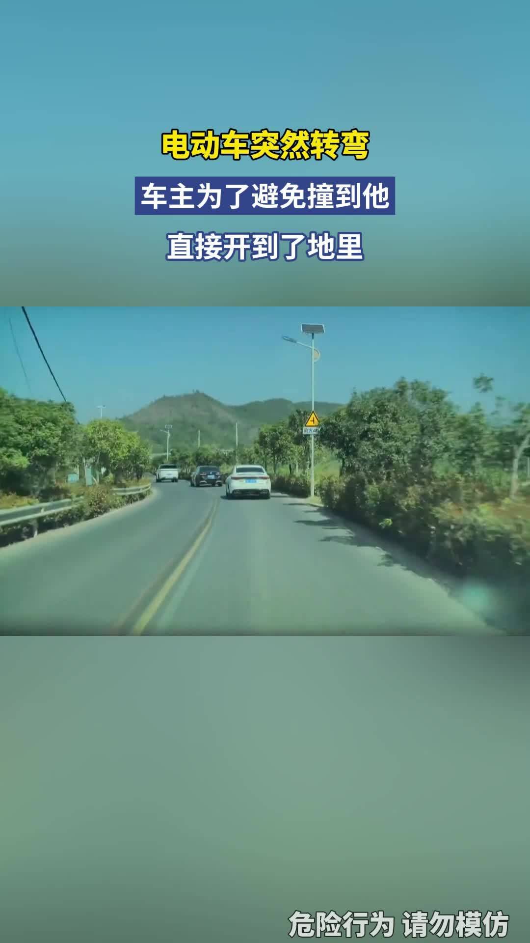 电动车突然转弯,车主为了避免撞到他,直接开到了地里