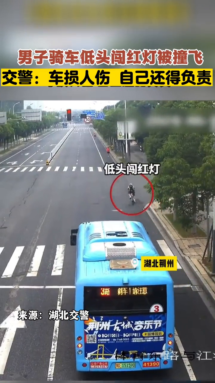 骑手低头闯红灯被撞飞,交警:车损人伤,还得自己负全责