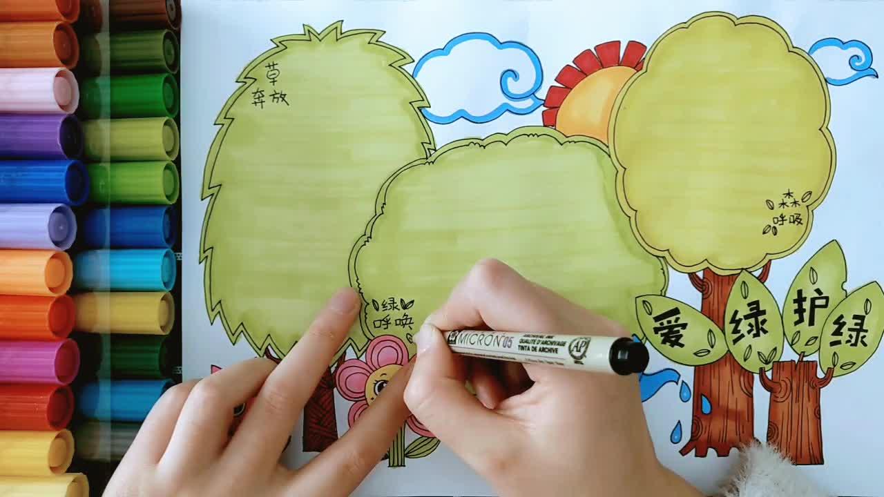 青艺绘画课堂-爱绿护绿手抄报(上色篇)#幼师 #儿童画 #手抄报