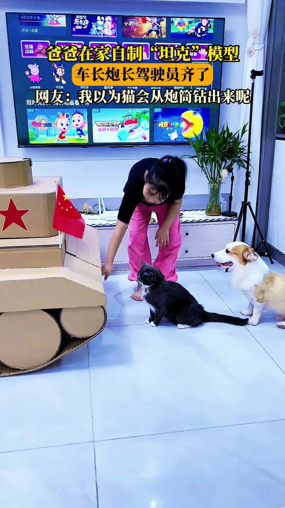 爸爸在家自制的"坦克"模型,车长炮长驾驶员齐了