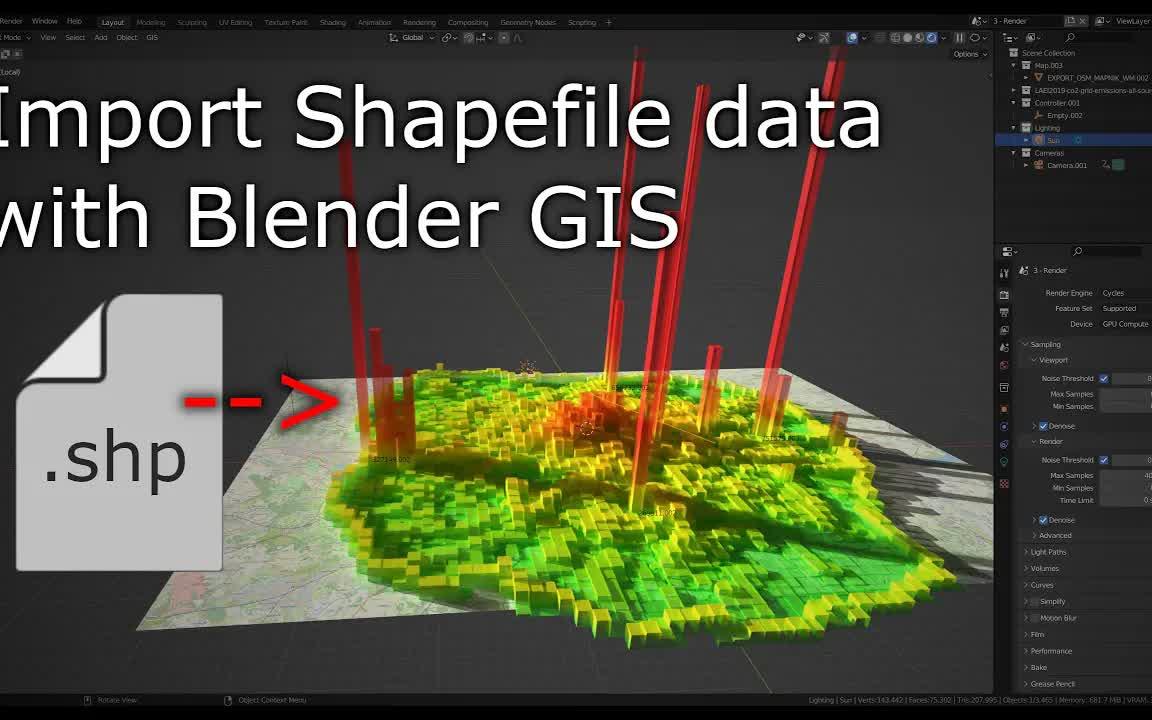 iBlender中文版插件GIS 教程使用 Blender GIS 导入 Shapefile 数据...