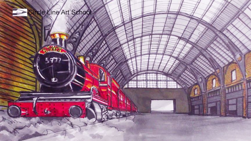 用一点透视原理绘制一个火车进站的场景!很不错的透视教学视频