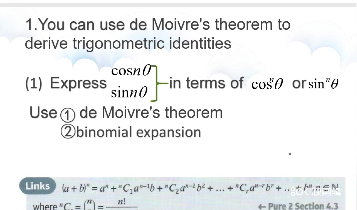 Alevel 数学 FURTHER PURE MATHEMATICS 2 De Moivre's theorem...