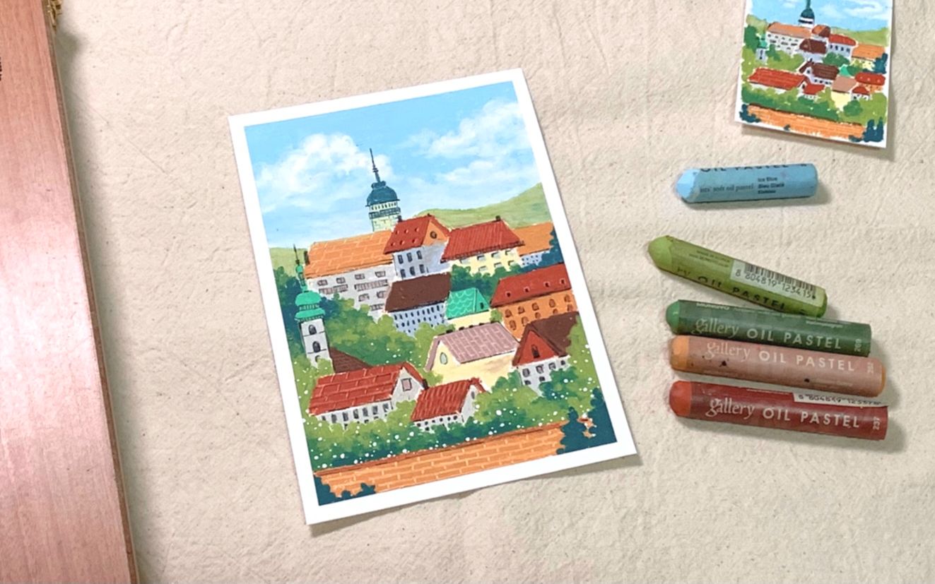 【油画棒】新手绘画教程,夏天的味道!蓝天白云下的欧洲小镇~