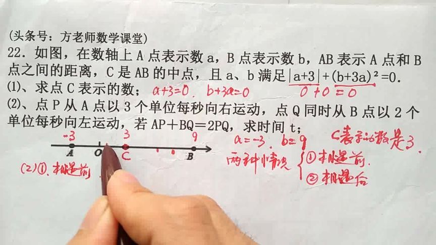数学7上:0+0=0题型,数轴上动点问题,若AP+BQ=2PQ,求时间t值