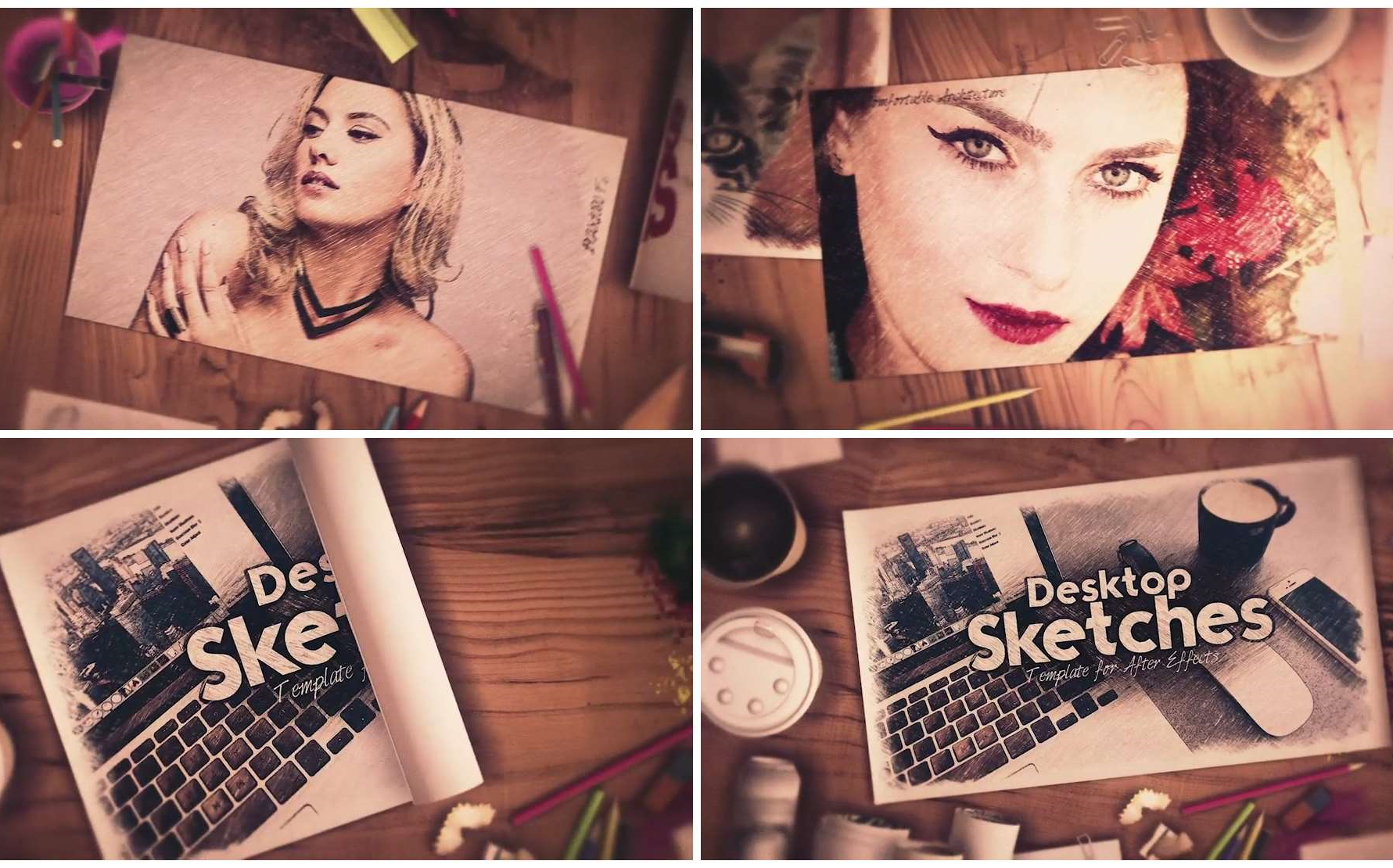 AE模板-卷轴式画卷打开图片素描手绘特效的幻灯片视频相册视频同学...