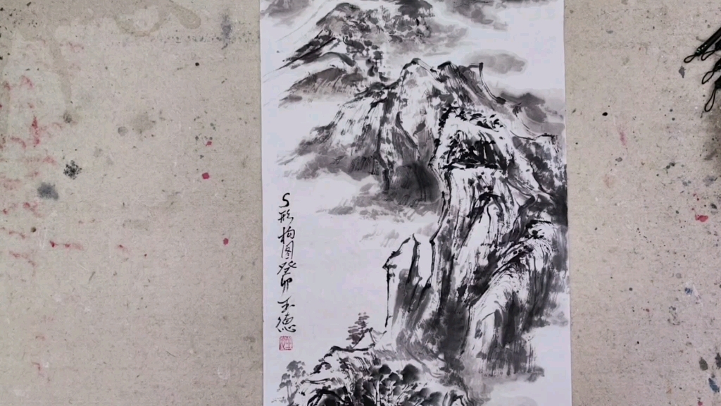 国画山水S型构图水墨技法前景浓墨刻画细致远景淡墨刻画简单