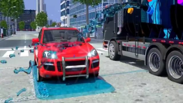 卡通汽车动画:各种汽车工程车,消防车模拟工作