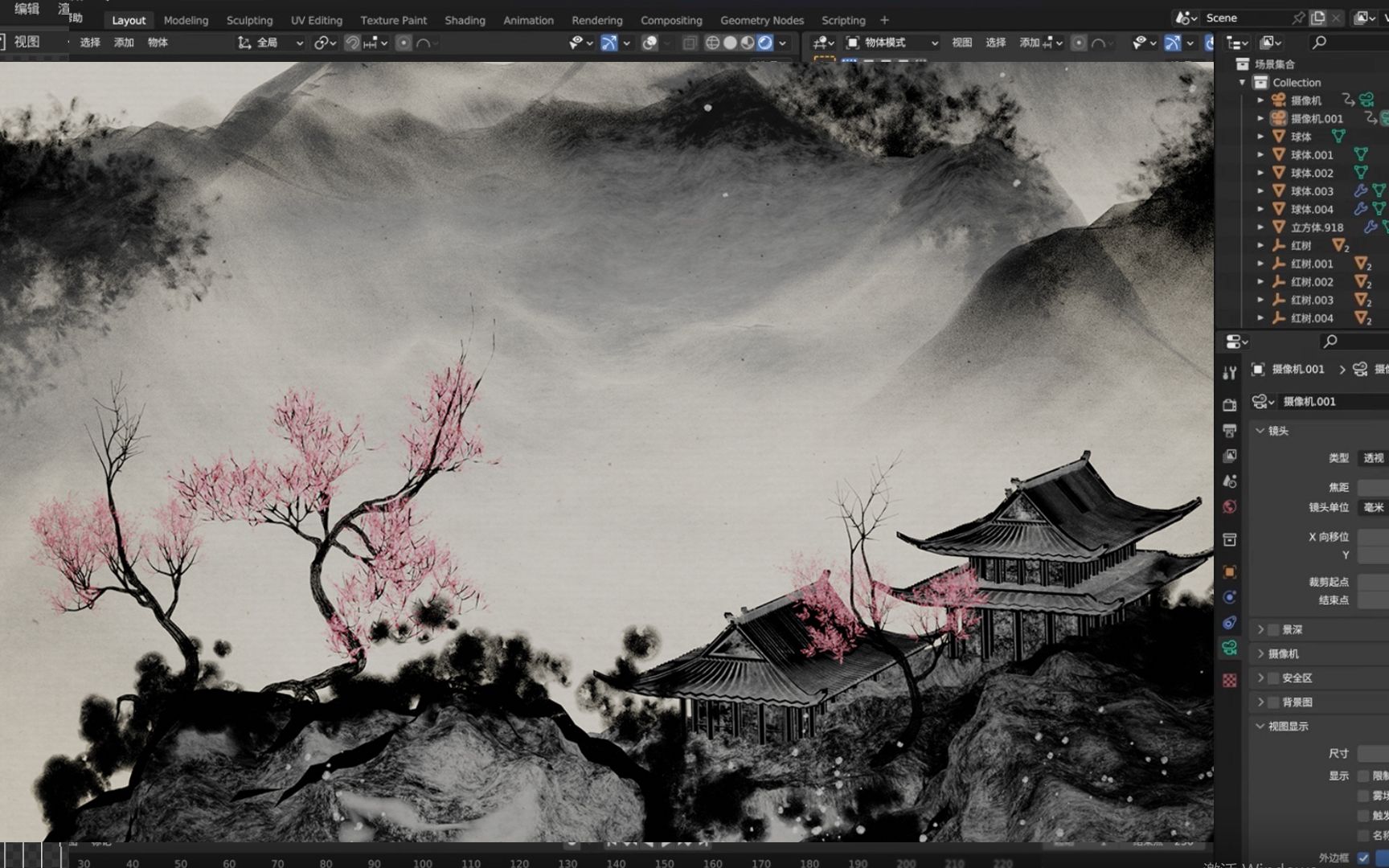Blender水墨风格试水!建模材质渲染国风水墨场景动画全流程分享【...