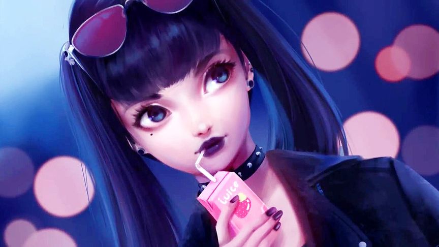 插画师用SAI软件绘制的一个喝饮料的酷妹!造型个性画技相当不错