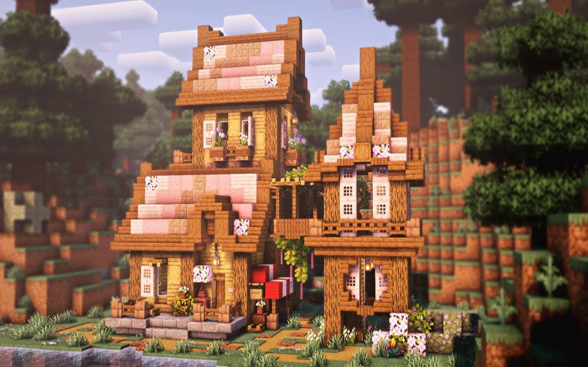 【Minecraft建筑教程】如何建造樱花生存小屋_我的世界
