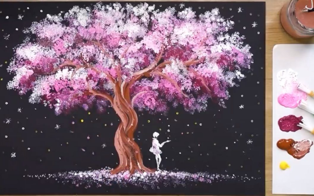 【绘画】夜空下的樱花树 亚克力绘画教程