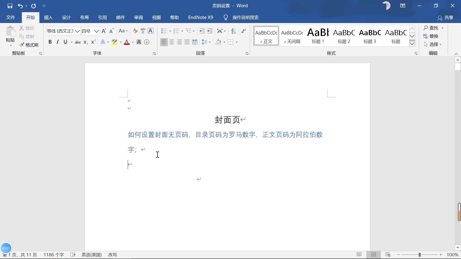 设置页码：封面无页码，目录页罗马数字，正文阿拉伯数字