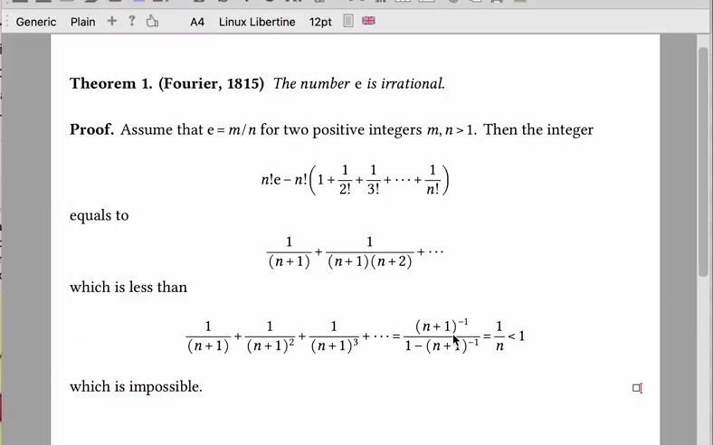 [TeXmacs实例] e 是无理数的 Fourier 证明