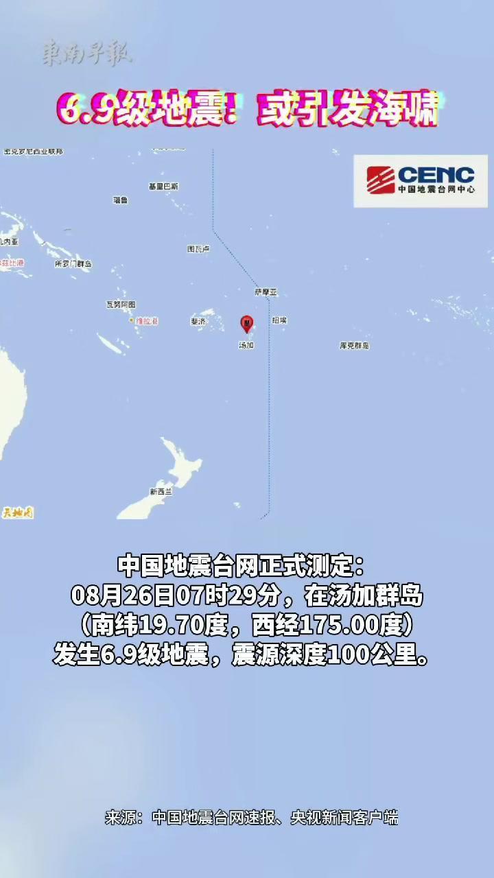 中国地震台网正式测定:8月26日07时29分,在汤加群岛(南纬19.70度,...