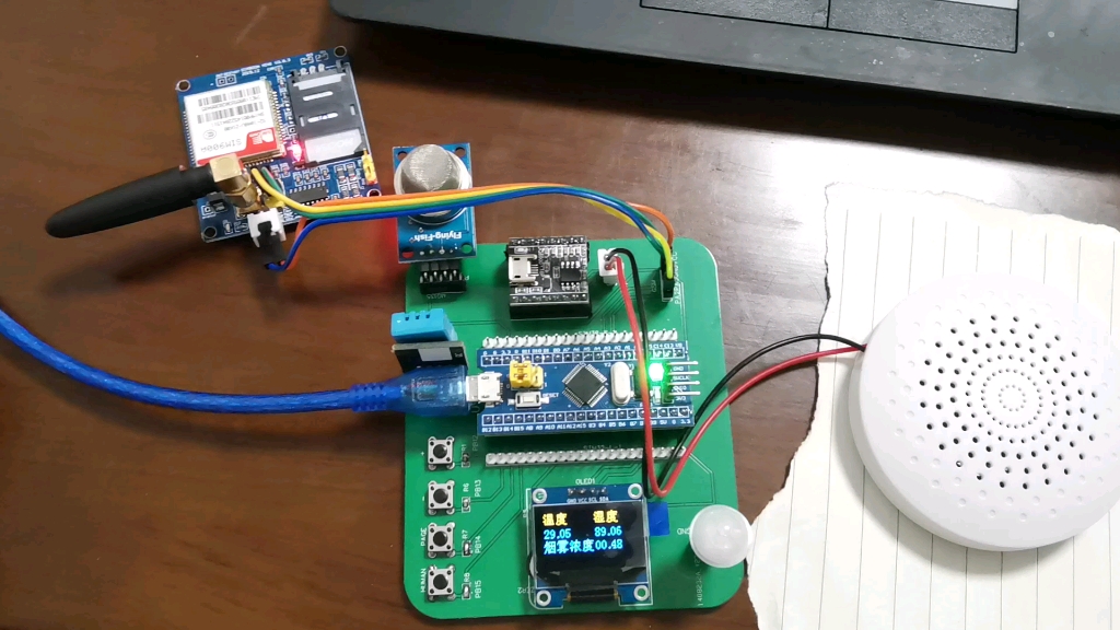 STM32短信报警,SIM900A短信模块,JQ8900语音模块,温湿度,烟雾浓度...