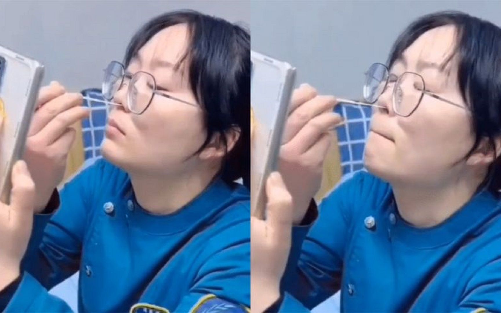 护士用自己练习鼻拭子检测,只为熟悉手法减轻被采集者痛苦,致敬医务...