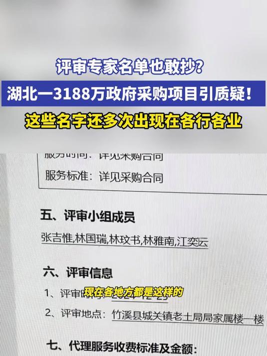 评审专家名单也敢抄?湖北一3188万政府采购项目引质疑!
