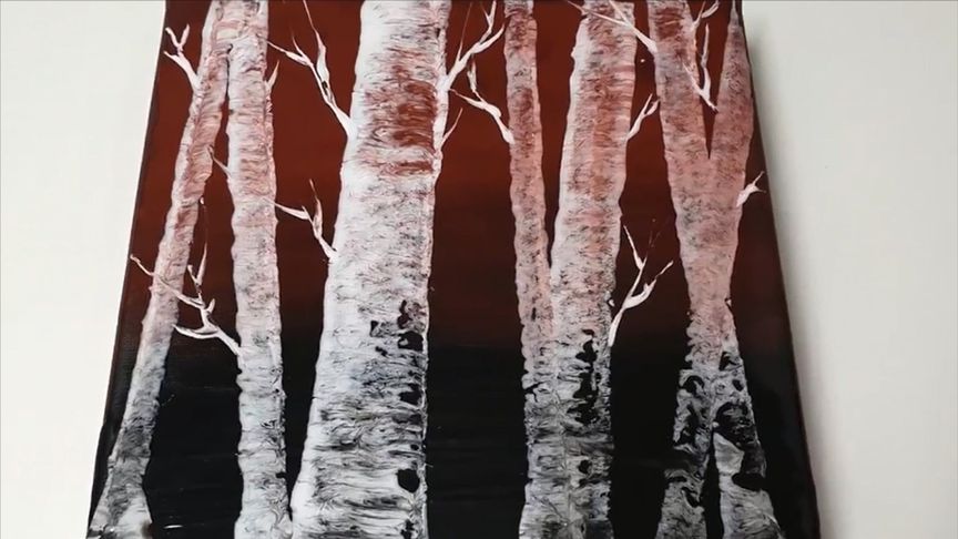 兰滋艺术.流体画创作之白桦林的画法