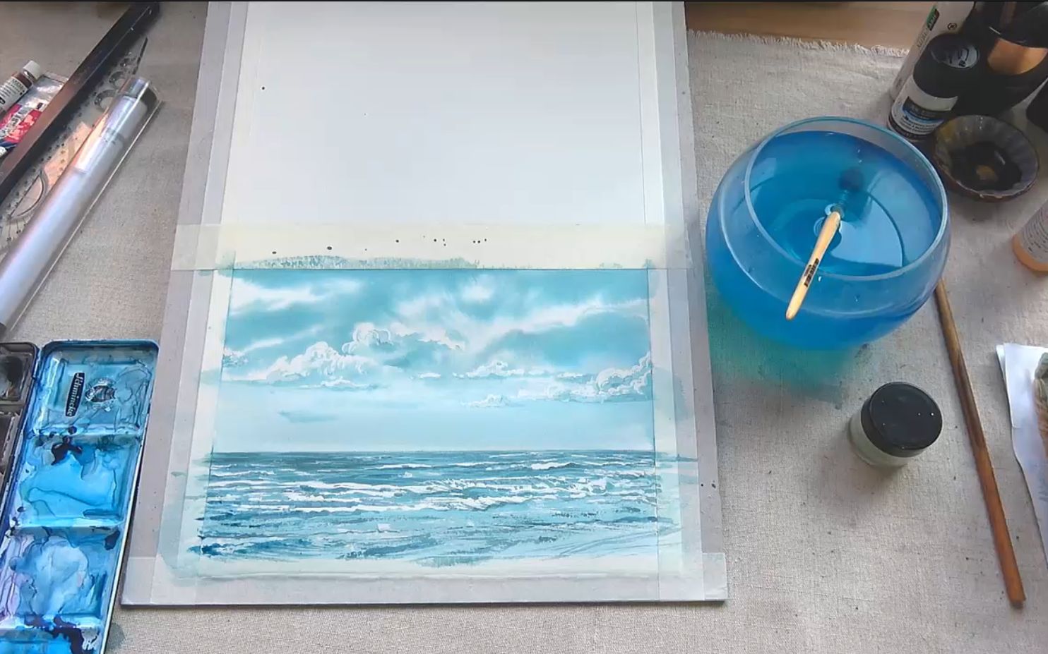 零基础水彩入门教程示范,碧海蓝天手绘风景水彩插画