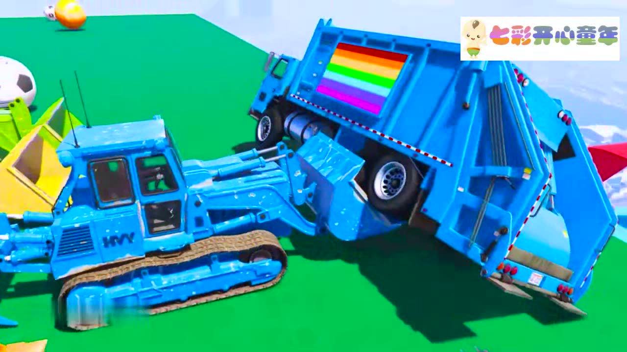 卡通车车动画:要把垃圾车放到大卡车上