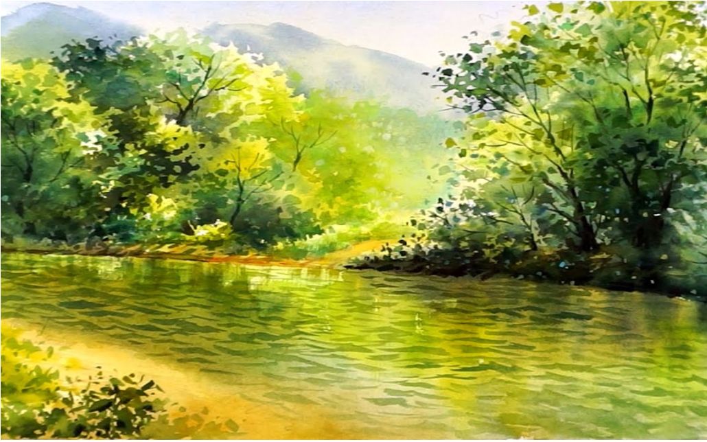 【水彩】《河畔春日晨》水彩山水画 治愈系就是治愈系