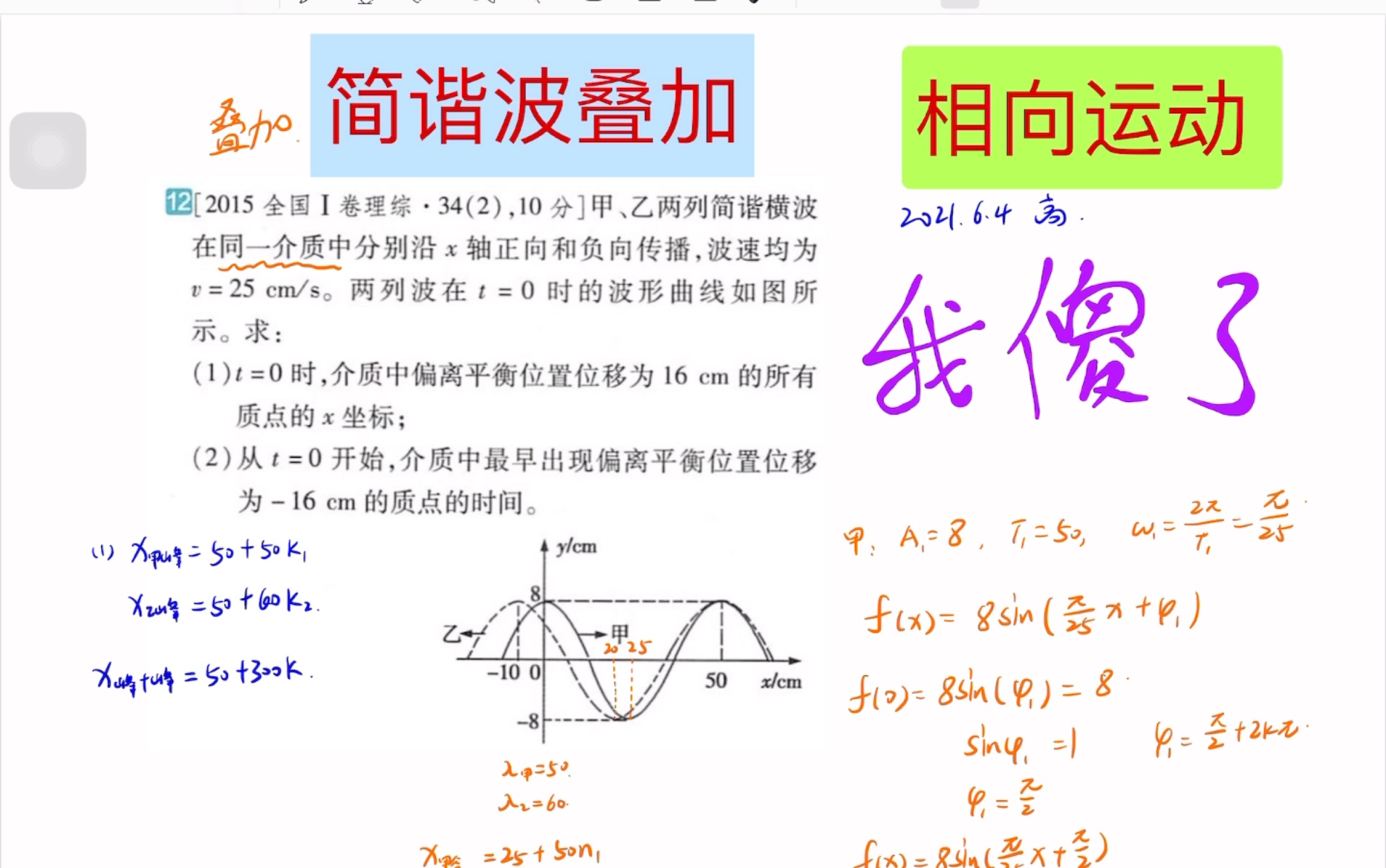 【小高老师】简谐波叠加,相向运动,找最大位移,