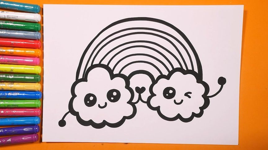 画一画天上的云朵、彩虹、星星和月亮。它们也可以很可爱哦!