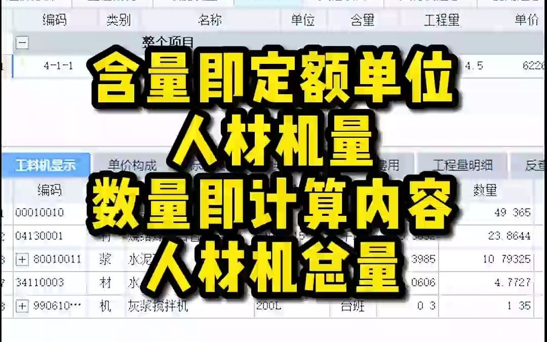 含量即定额单位人材机量,数量即计算内容人材机总量