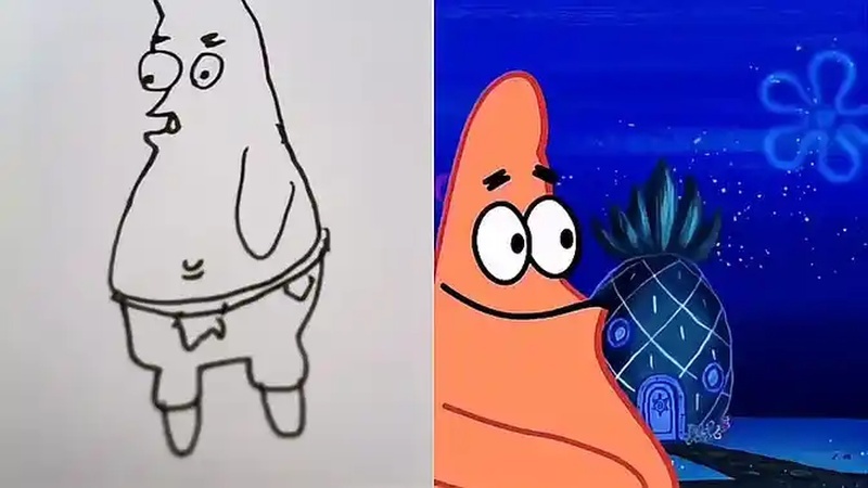 简笔画:派大星跟海绵宝宝玩游戏
